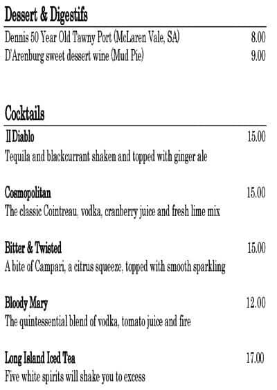 Menu at Spiga Bar, Melbourne