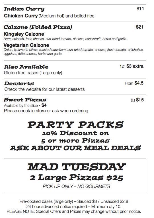 Menu at Kingsley Pizza pizzeria, Kingsley, 66 Creaney Dr