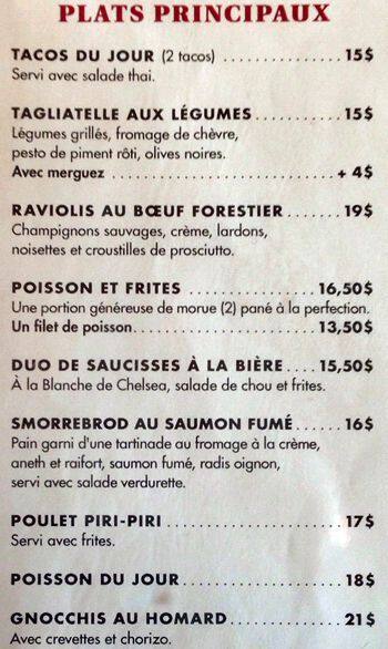Menu au Chelsea Pub, Chelsea, 238 Chem. Old Chelsea
