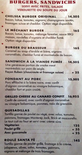 Menu au Chelsea Pub, Chelsea, 238 Chem. Old Chelsea