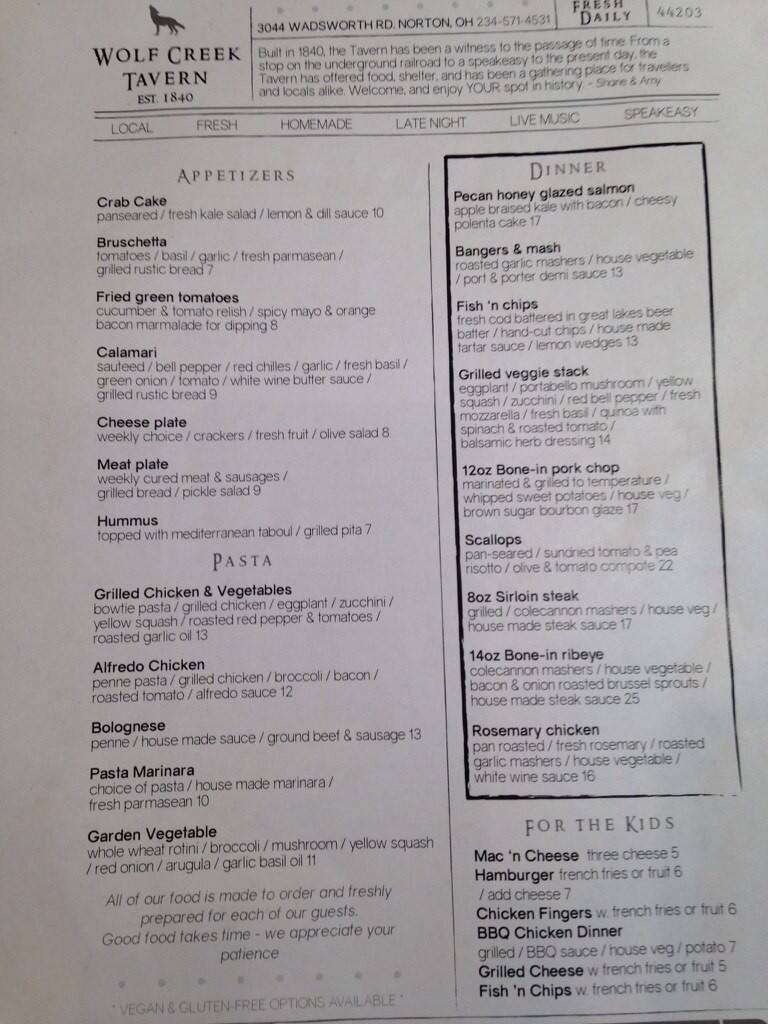 Menu at Wolf Creek Tavern restaurant, Norton