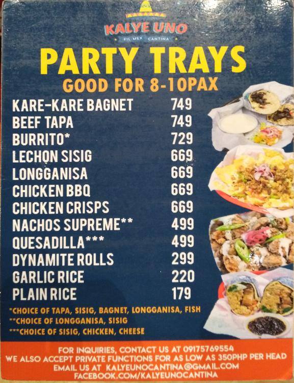 Menu at Kalye Uno Cantina restaurant, Quezon City, Unit24 Zeta Tower Robinsons Bridgetown