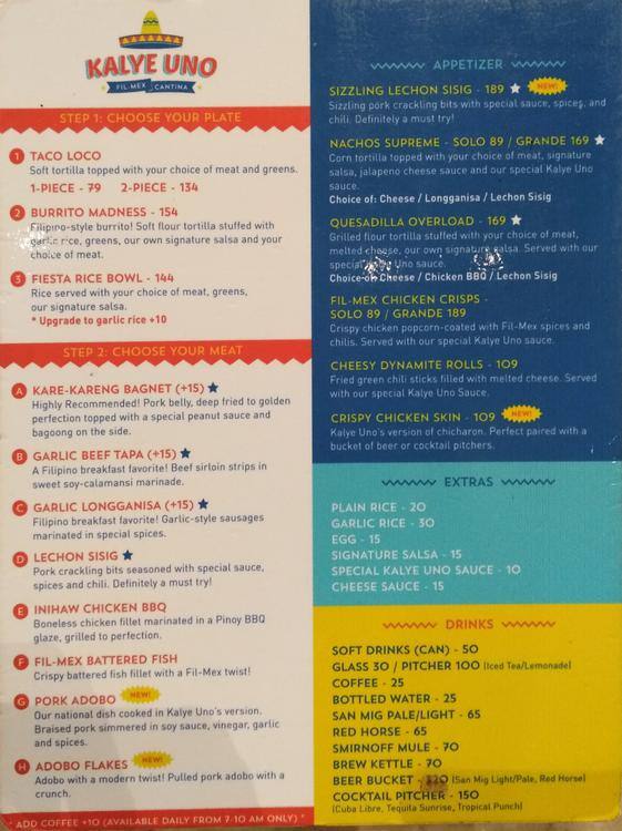 Menu at Kalye Uno Cantina restaurant, Quezon City, Unit24 Zeta Tower ...