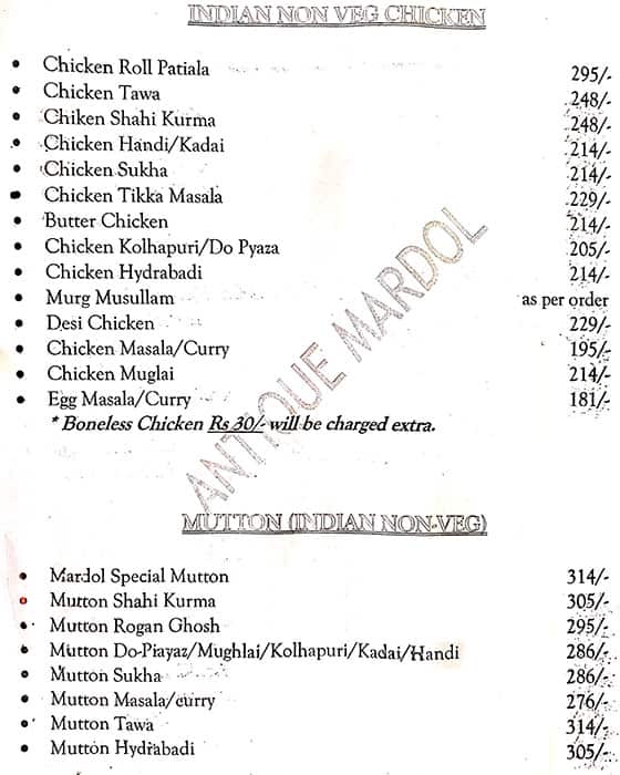 Menu at Antique Mardol Restaurant, Verna, Verna Panjim