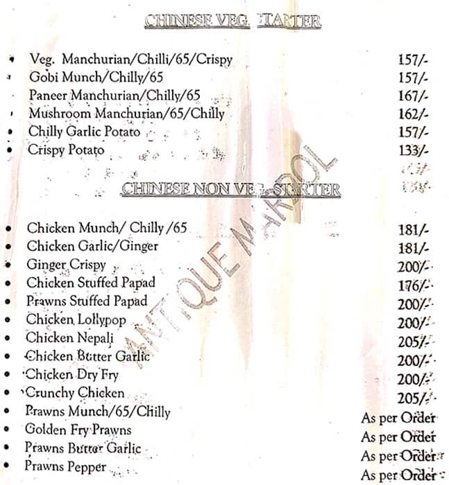Menu at Antique Mardol Restaurant, Verna, Verna Panjim