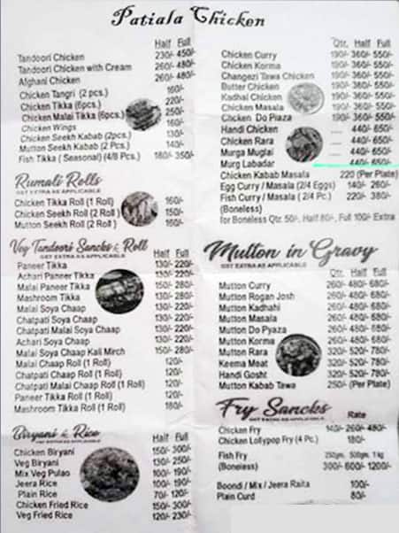 Menu of Patiala chicken, Sector 3, Dwarka, New Delhi