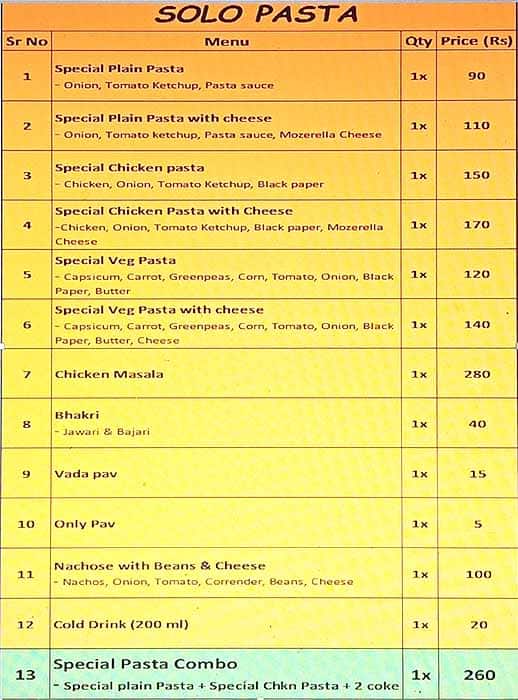Menu of Solo Pasta, Dhanori, Pune
