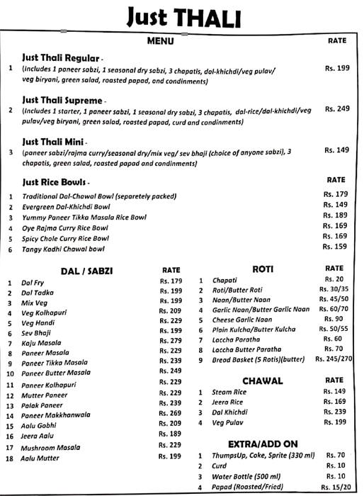 Menu of Just Thali, Kalyan, Thane