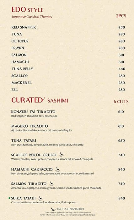 Menu of Taki Taki, Minto Park, Kolkata