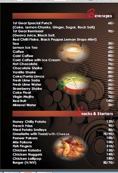 Menu of First Gear Cafe, Rajpur, Dehradun