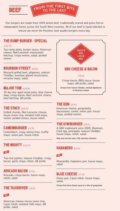 Menu at Gourmet Burger Kitchen restaurant, Chessington, 42-46 High Street