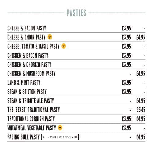 Menu at West Cornwall Pasty Company Wimbledon restaurant, London