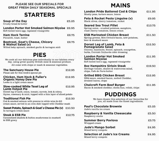 Menu at The Sanctuary House pub & bar, London, 33 Tothill Street