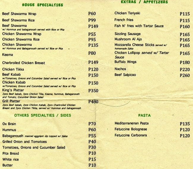 Menu at Babaganoush restaurant, Quezon City