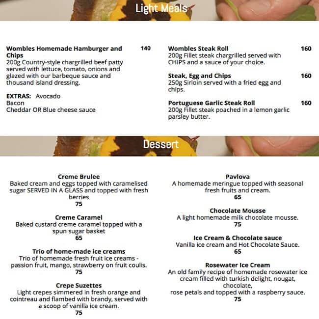 Menu at Wombles Steakhouse Restaurant, Johannesburg, G9 & G10