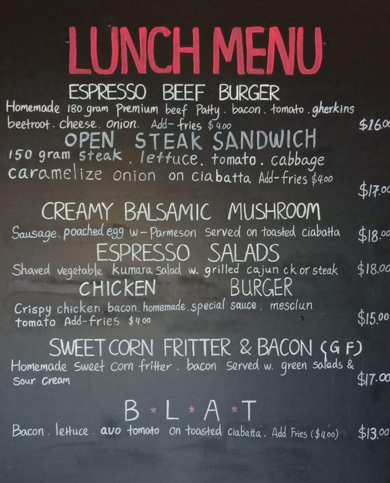 Menu at Espresso @ Work cafe, Auckland