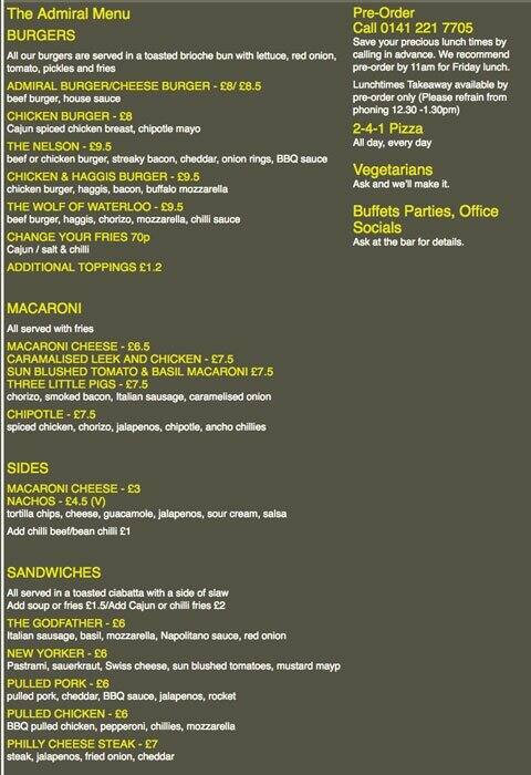 Menu at The Admiral Bar, Glasgow