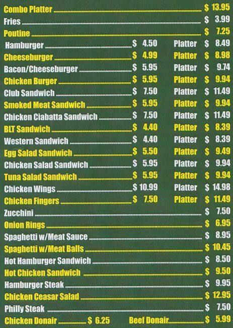 Menu at Cozy's Express restaurant, Ottawa