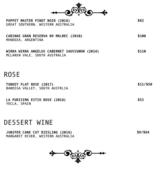 Menu at The Laneway Lounge pub & bar, Perth