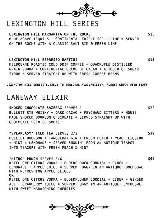 Menu at The Laneway Lounge pub & bar, Perth