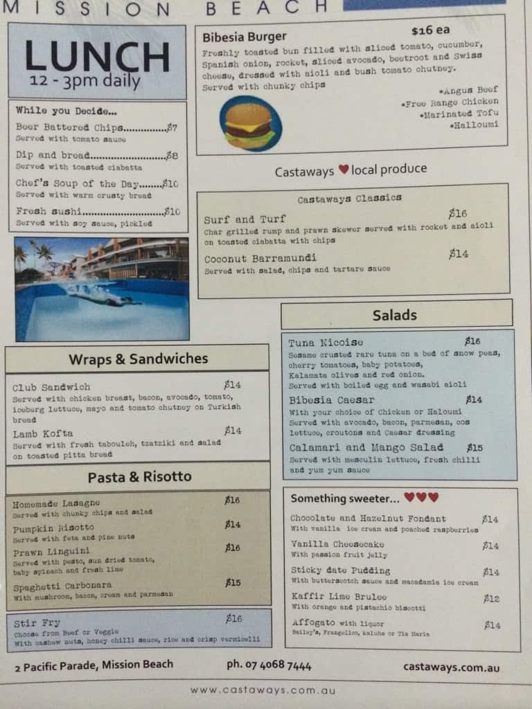 Menu at Castaways Resort & Spa Mission Beach restaurant, Mission Beach