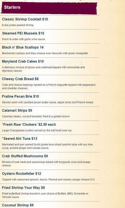 Menu at Sweeney's Seafood Bar & Grill, Centerville