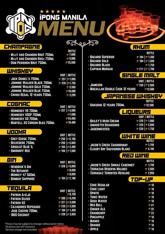 Menu at iPong Manila pub & bar, Taguig
