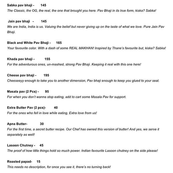 Menu of Sabka Pavbhaji, Vikhroli, Mumbai