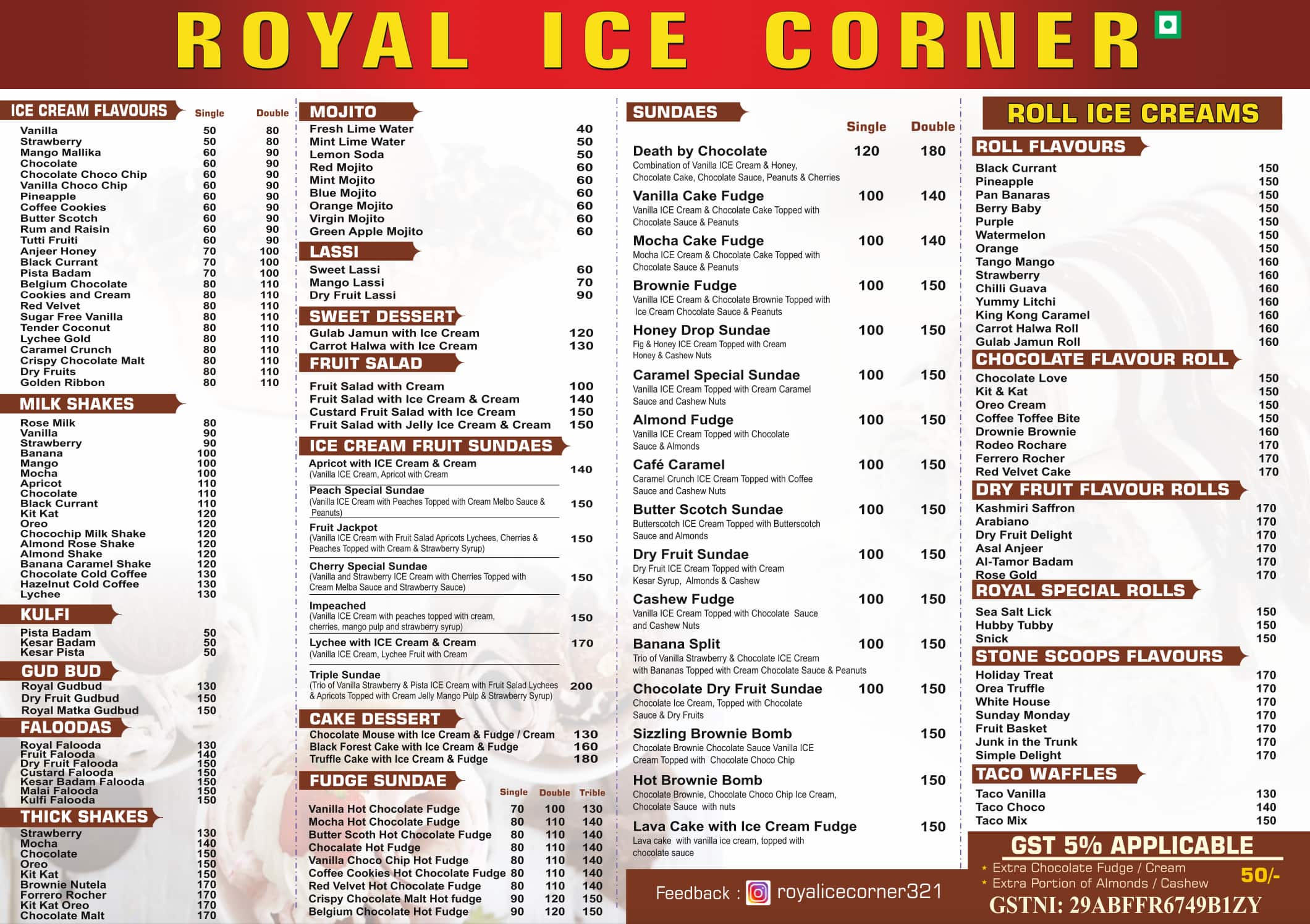 Menu of Royal Ice Corner, Basavanagudi, Bangalore