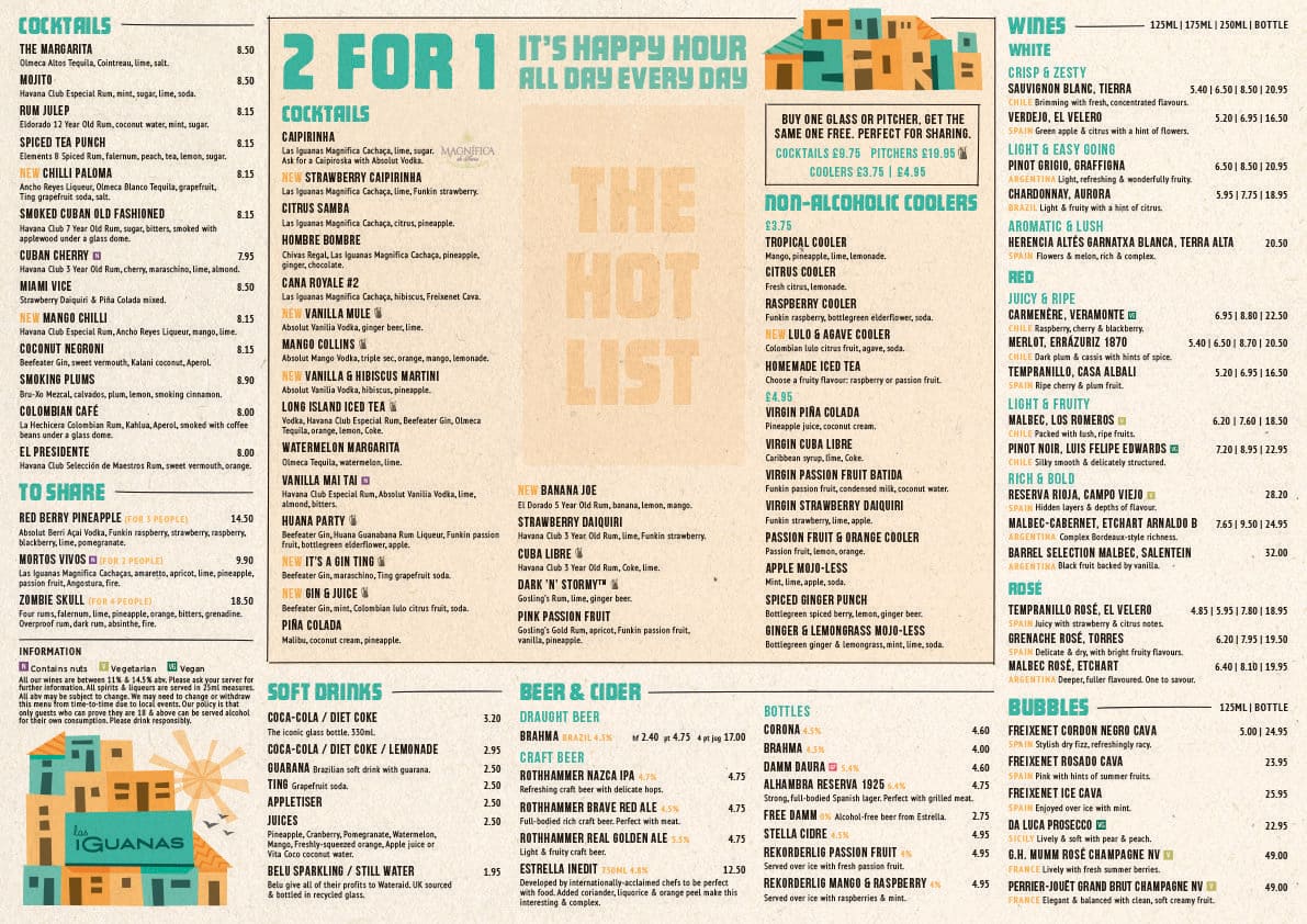 Menu at Las Iguanas pub & bar, London, 1 Horner Square