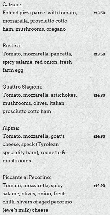 Menu at Delfino Mayfair pizzeria, London