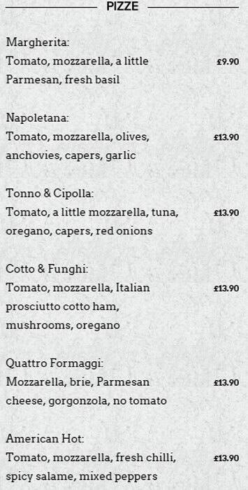 Menu at Delfino Mayfair pizzeria, London