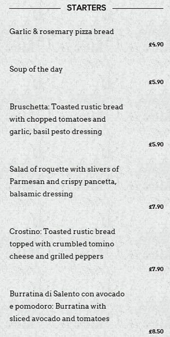 Menu at Delfino Mayfair pizzeria, London