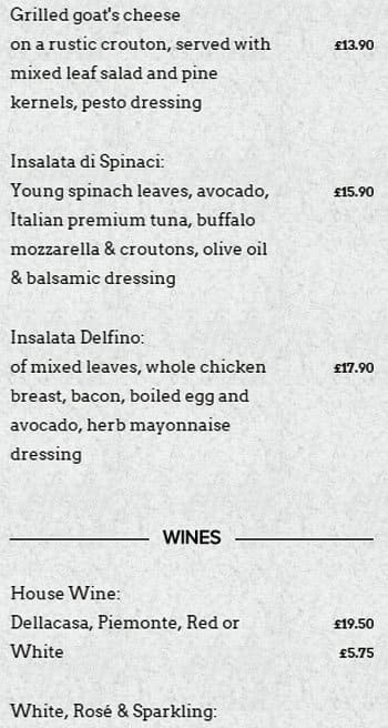 Menu at Delfino Mayfair pizzeria, London