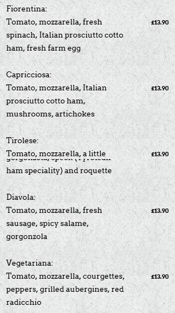 Menu at Delfino Mayfair pizzeria, London