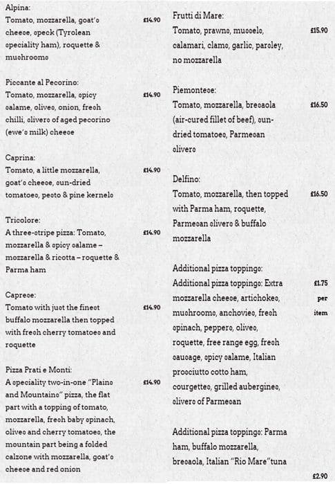Menu at Delfino Mayfair pizzeria, London