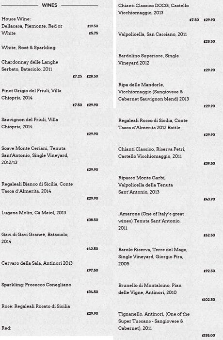 Menu at Delfino Mayfair pizzeria, London