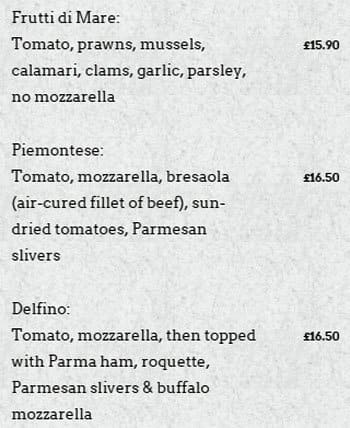 Menu at Delfino Mayfair pizzeria, London