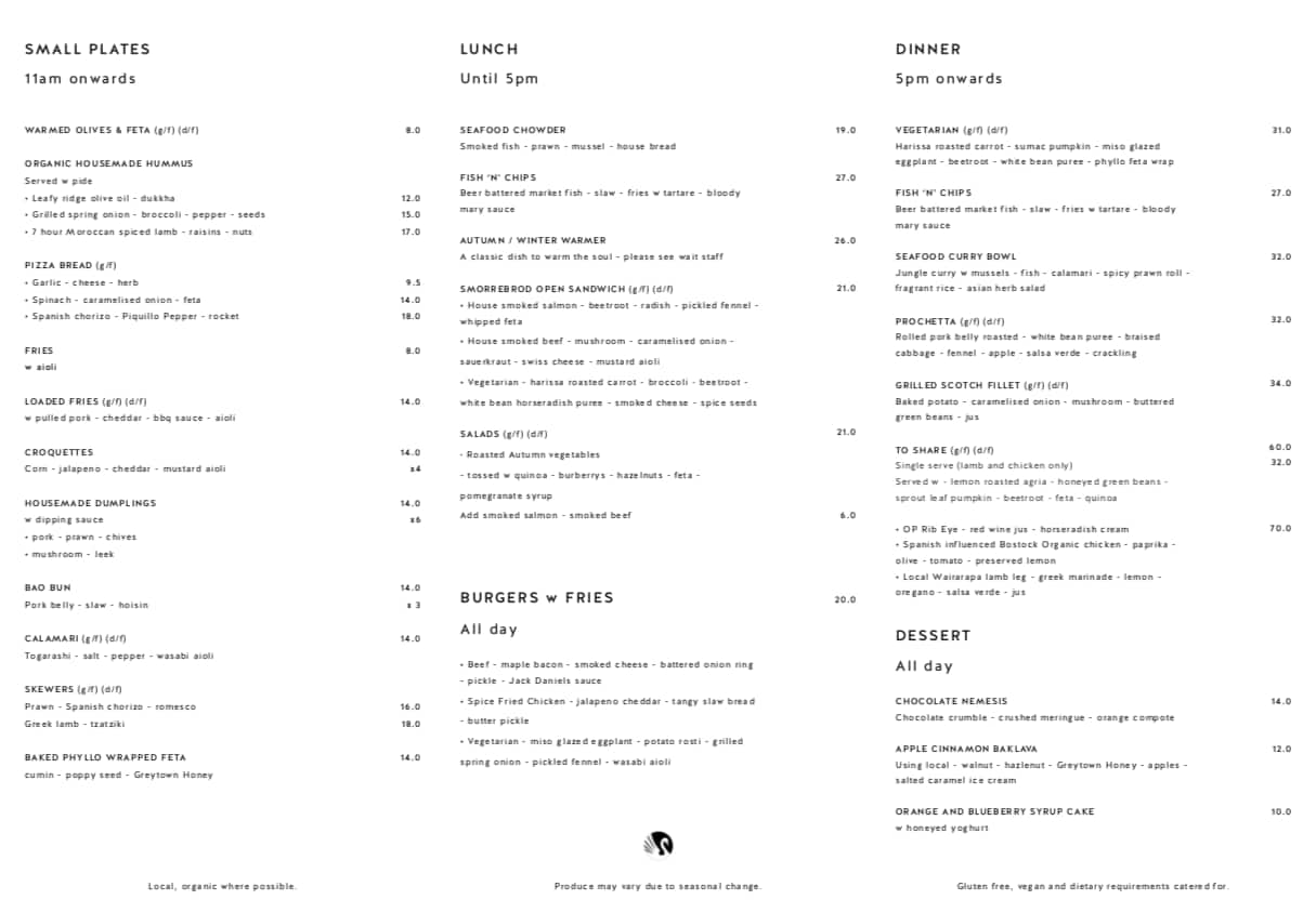 Menu at The White Swan Country Hotel restaurant, Greytown