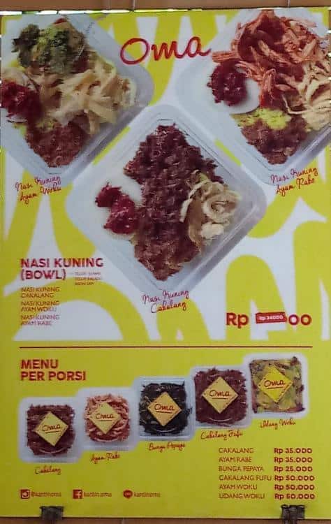 Carta del restaurante Nasi Kuning Cakalang OMA, Yakarta