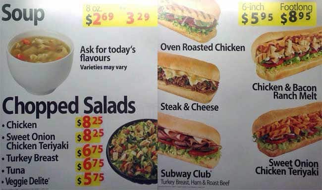 Menu at Subway fast food, Ottawa, 780 Baseline Rd #12