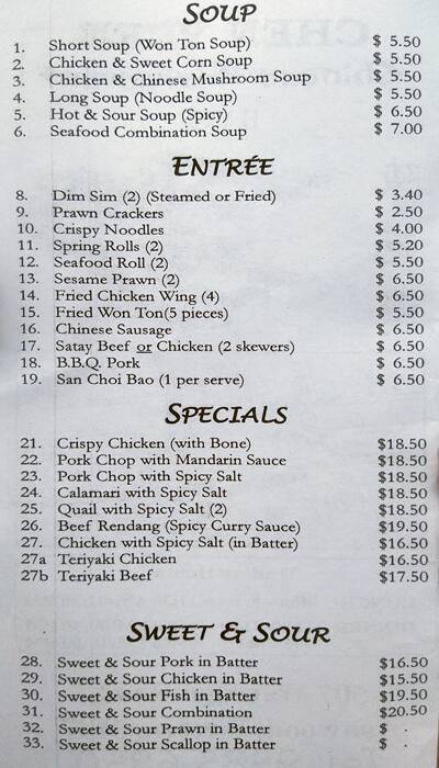 Menu at Chen Yuen restaurant, Ashwood
