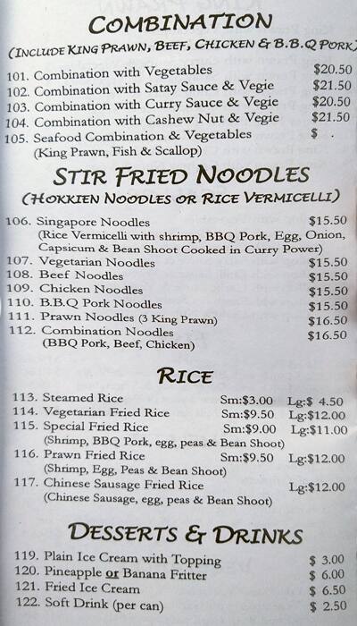 Menu at Chen Yuen restaurant, Ashwood