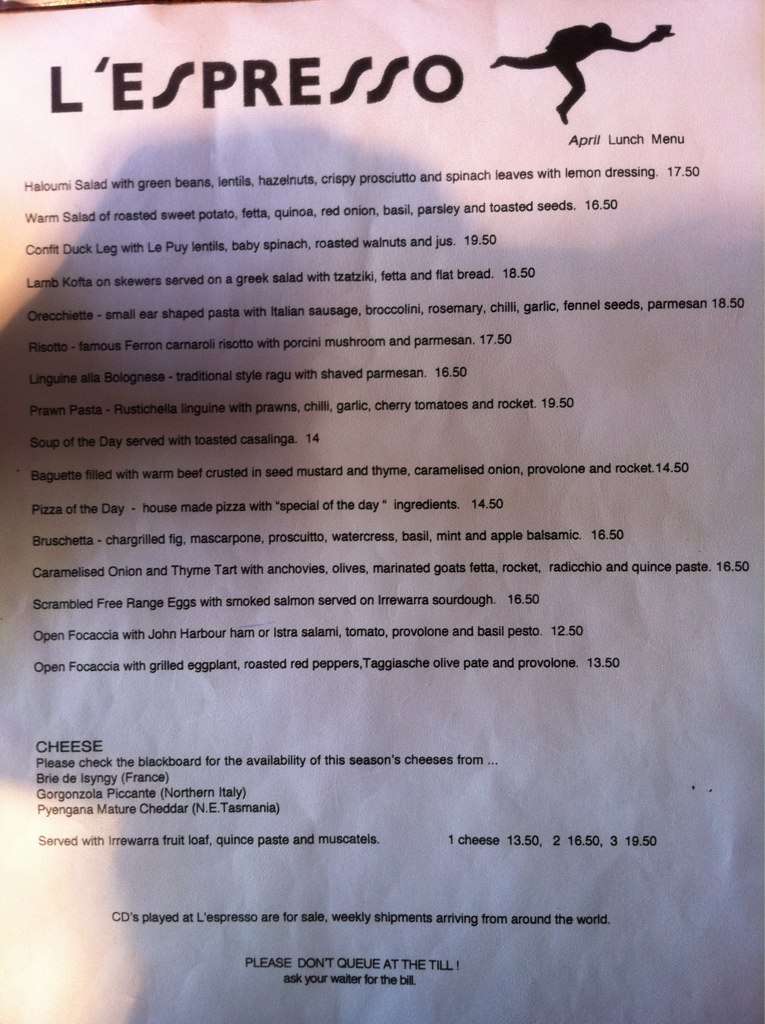 Menu at L'Espresso cafe, Ballarat Central