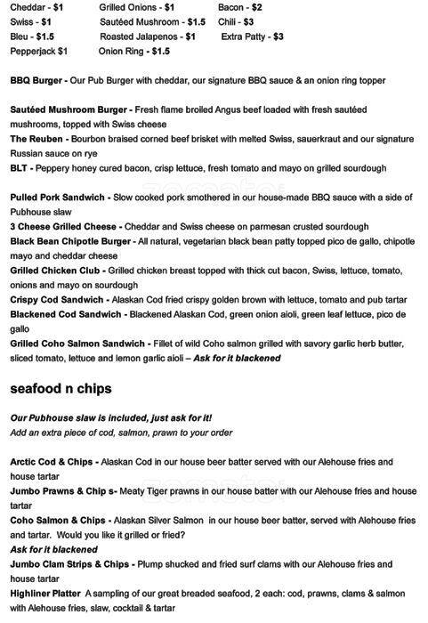 Menu at Highliner Public House, Seattle