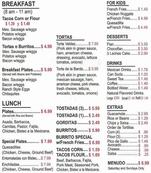 Menu at Tacos Y Tortas Valdez restaurant, River Oaks Menu at Tacos Y Tortas Valdez restaurant, River Oaks