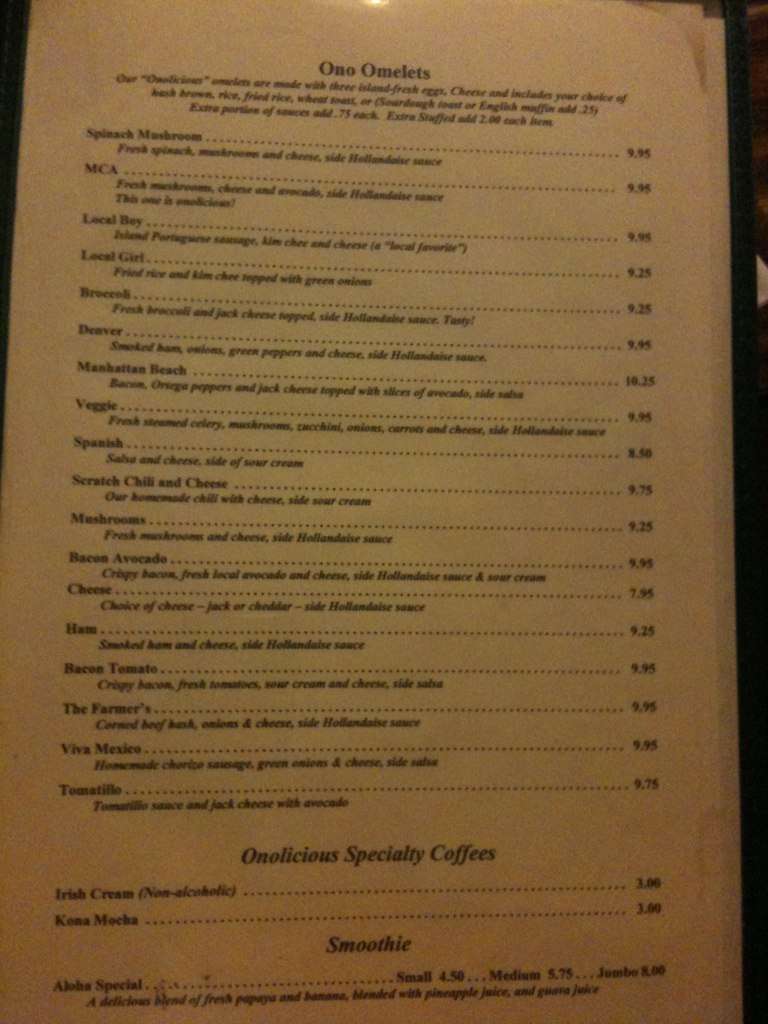 Menu at Ono restaurant, Kapaa, 4-1292 Kuhio Hwy