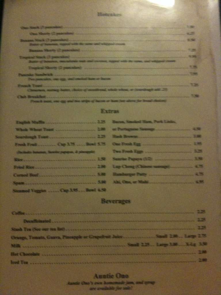 Menu at Ono restaurant, Kapaa, 4-1292 Kuhio Hwy