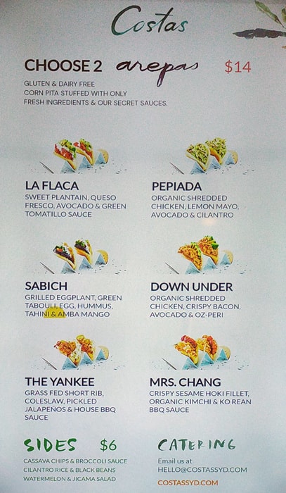 Menu at Costas Arepa Bar, Bondi Beach