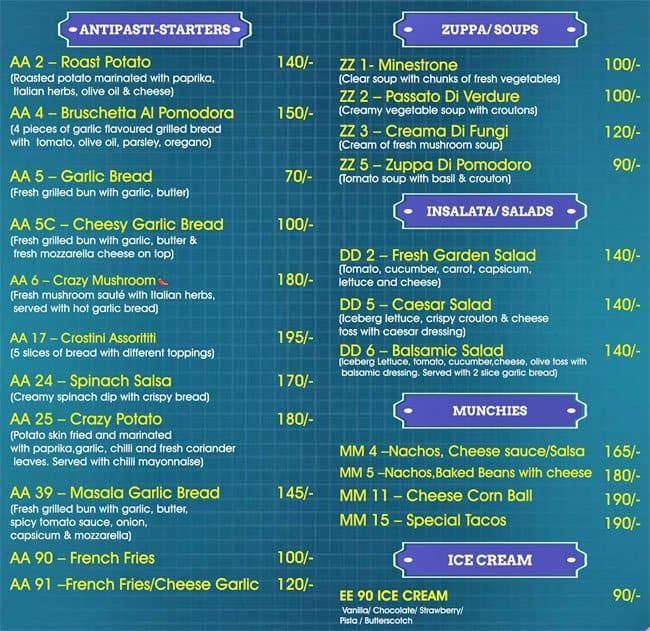 Menu of @Italy, Kumaraswamy Layout, Bangalore